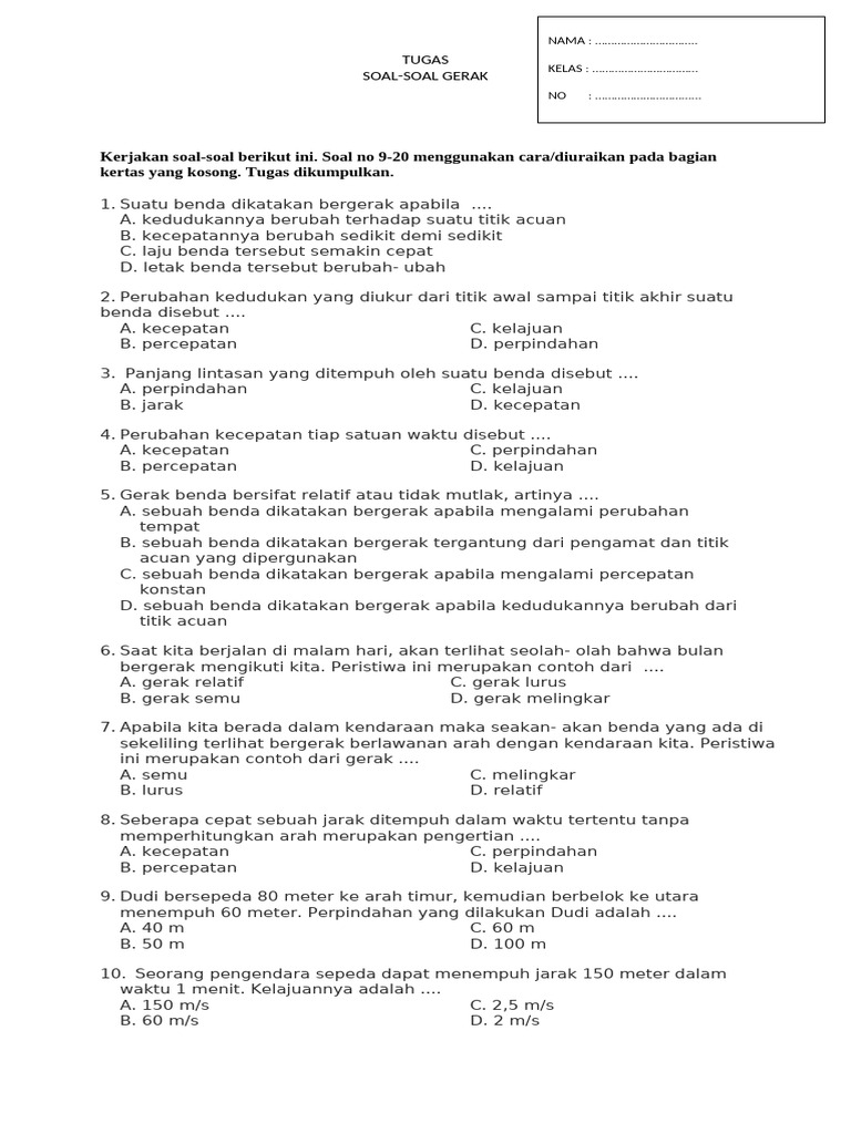 Formatif Latihan Soal Gerak Pada Benda | PDF