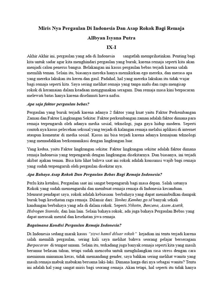 Essai J Mirisnya Pergaulan Di Indonesia Dan Asap Rokok Bagi Remaja | PDF