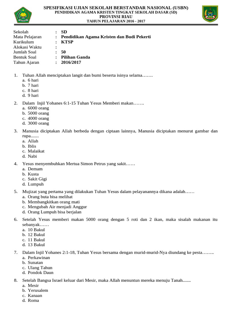 Soal Utama (USBN) Kelas VI TP. 2016 - 2017 | PDF
