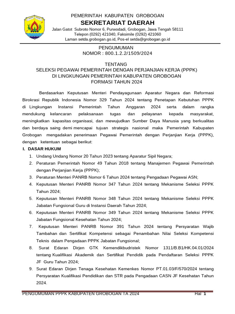 Pengumuman Seleksi PPPK Pemkab Grobogan Formasi Tahun 2024 | PDF
