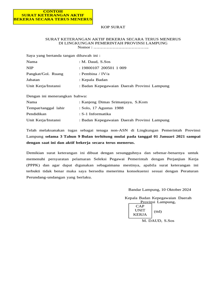 Contoh Format Suket Aktif Bekerja Terus Menerus - 6 | PDF