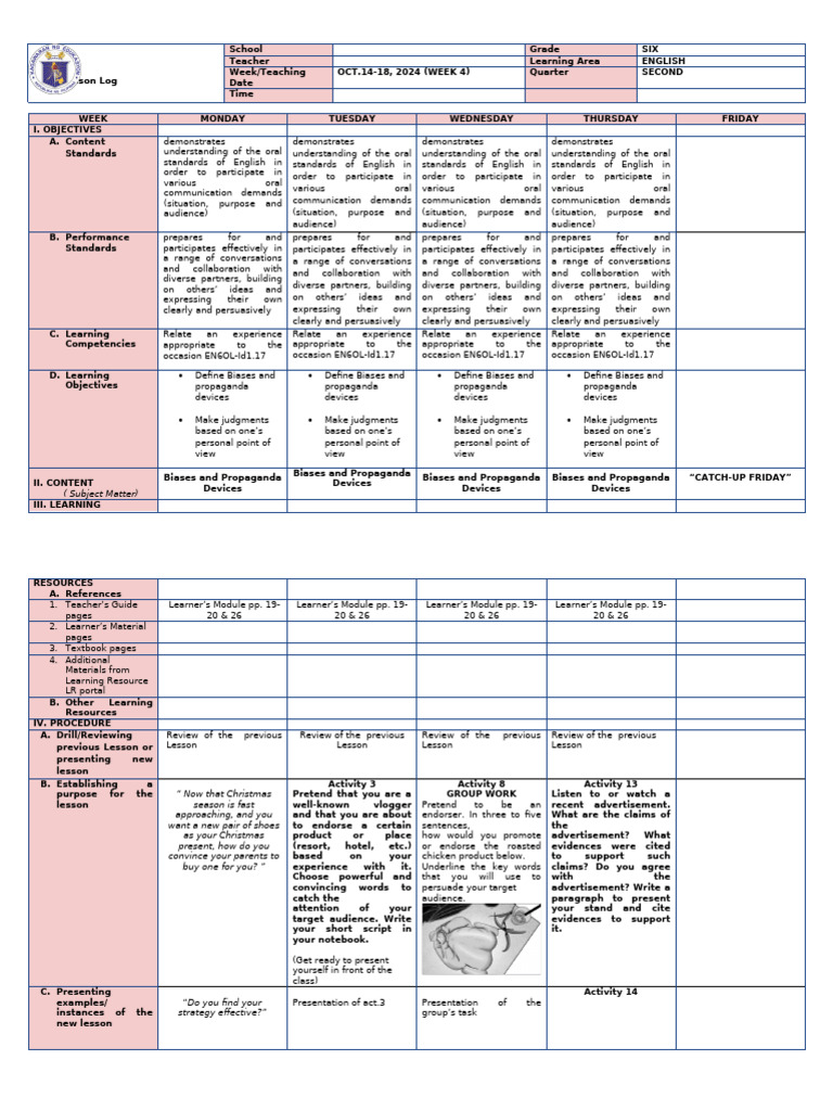 GR 6-English-Wk 4-QTR 2 | PDF | Learning | Propaganda