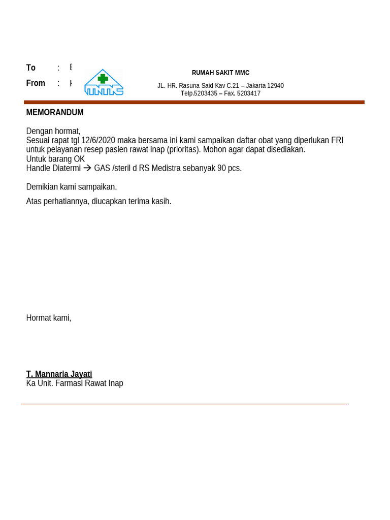 Memo Barang Cito OK Handle Diatermi | PDF