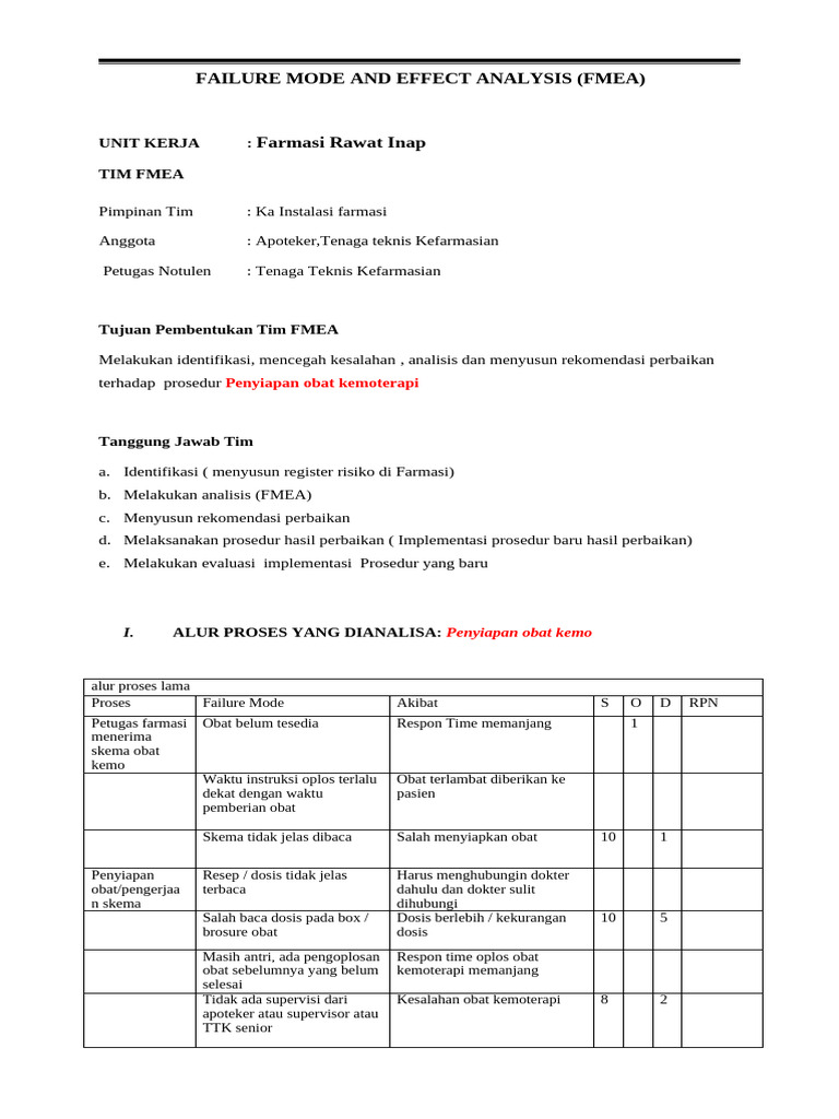 Laporan Fmea Farmasi - Kemo | PDF