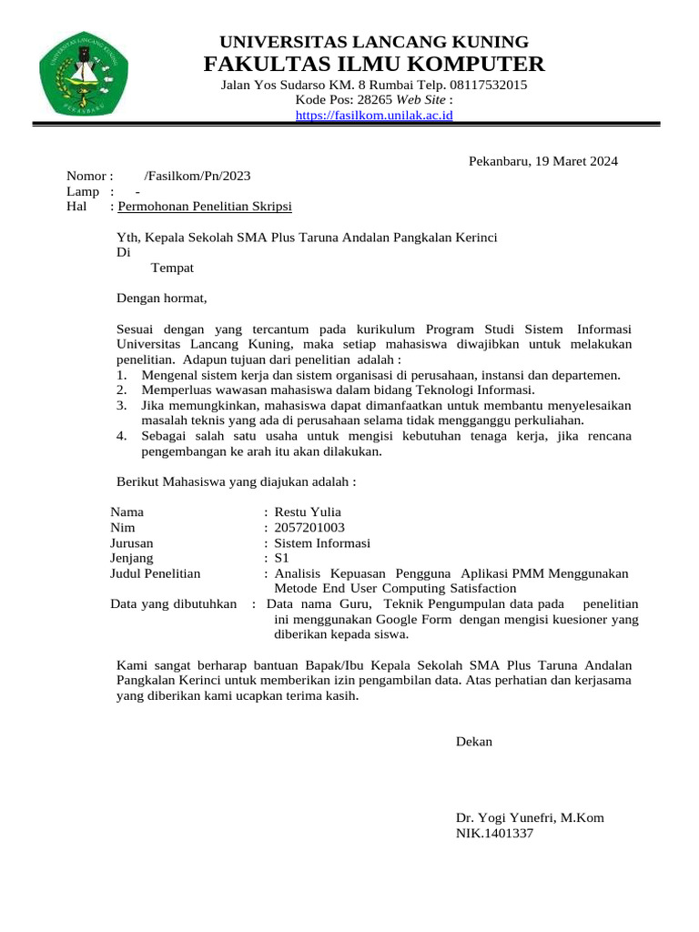 Surat Permohonan Penelitian Skripsi | PDF