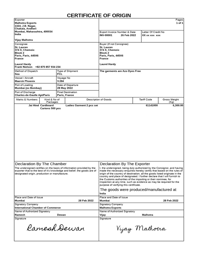 Malhotra Exports Certificate of Origin | PDF | Business | Exports