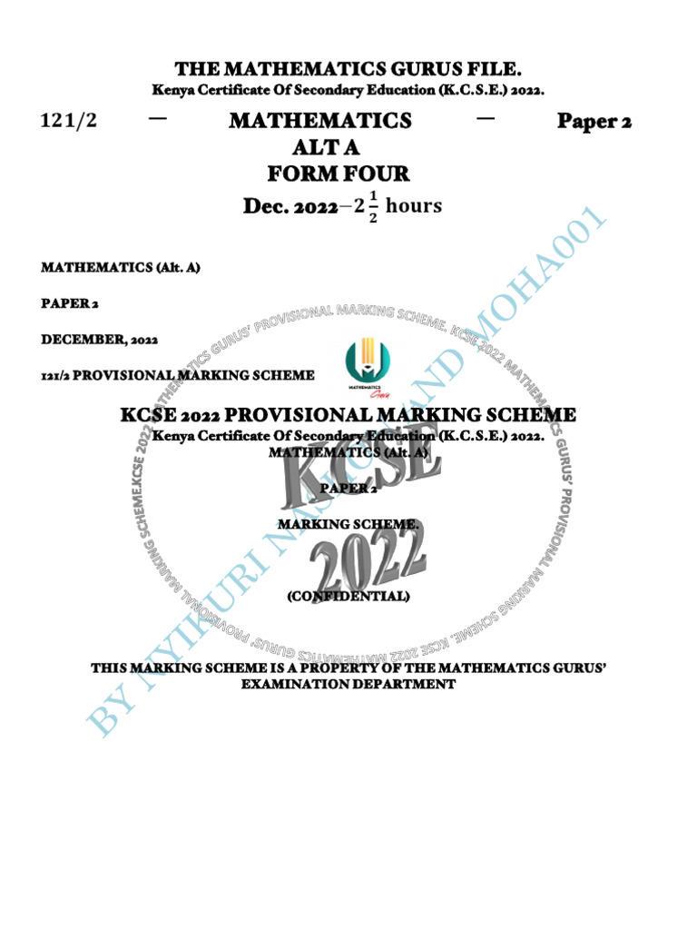 Kcse 2022 Mathematics Paper 2 Marking Scheme | PDF | Student Assessment ...