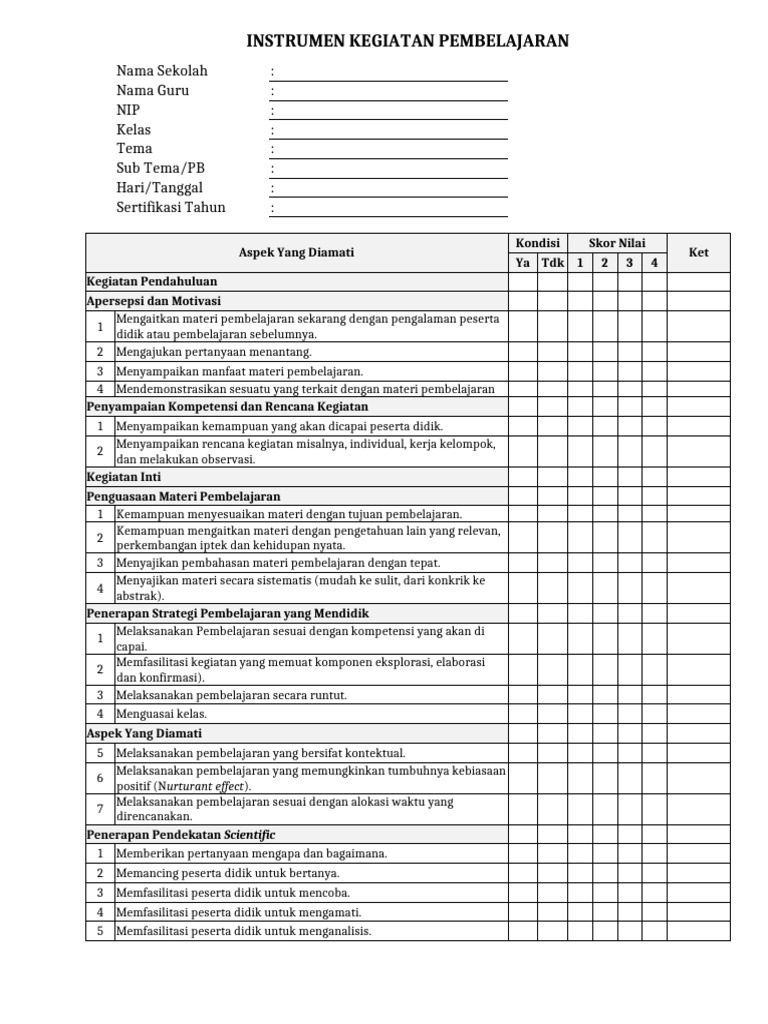 Instrumen Supervisi Pembelajaran | PDF