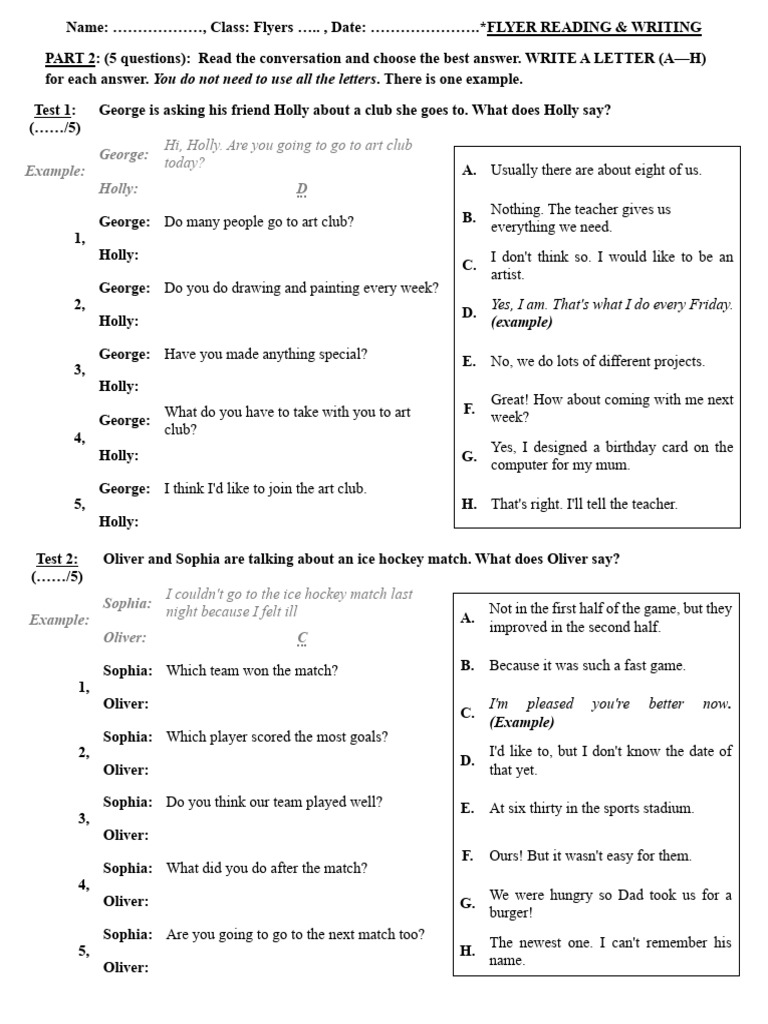 Flyers Reading & Writing Test Part 2 | PDF | Language Arts & Discipline