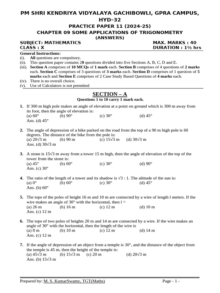 Maths Class X Chapter 09 Some Applications of Trigonometry Practice ...