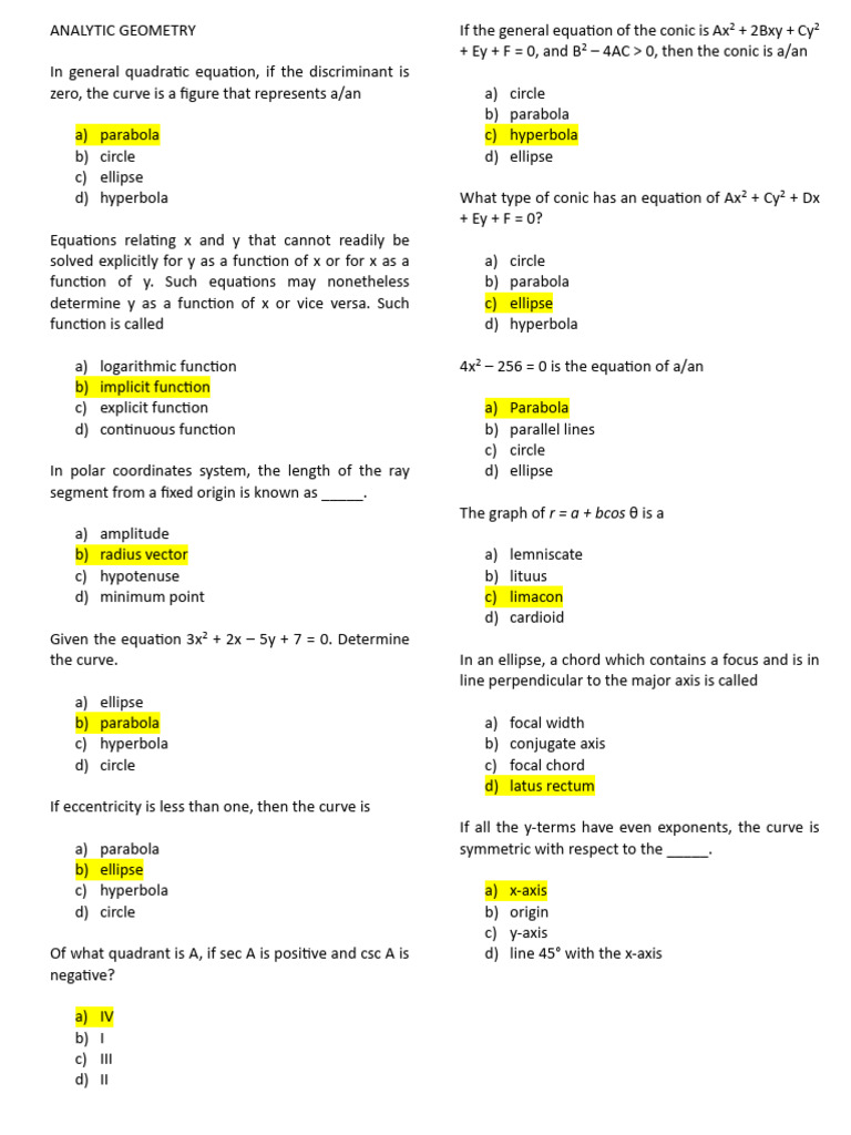 JEE Analytic Geometry Concepts | PDF | Ellipse | Cartesian Coordinate ...