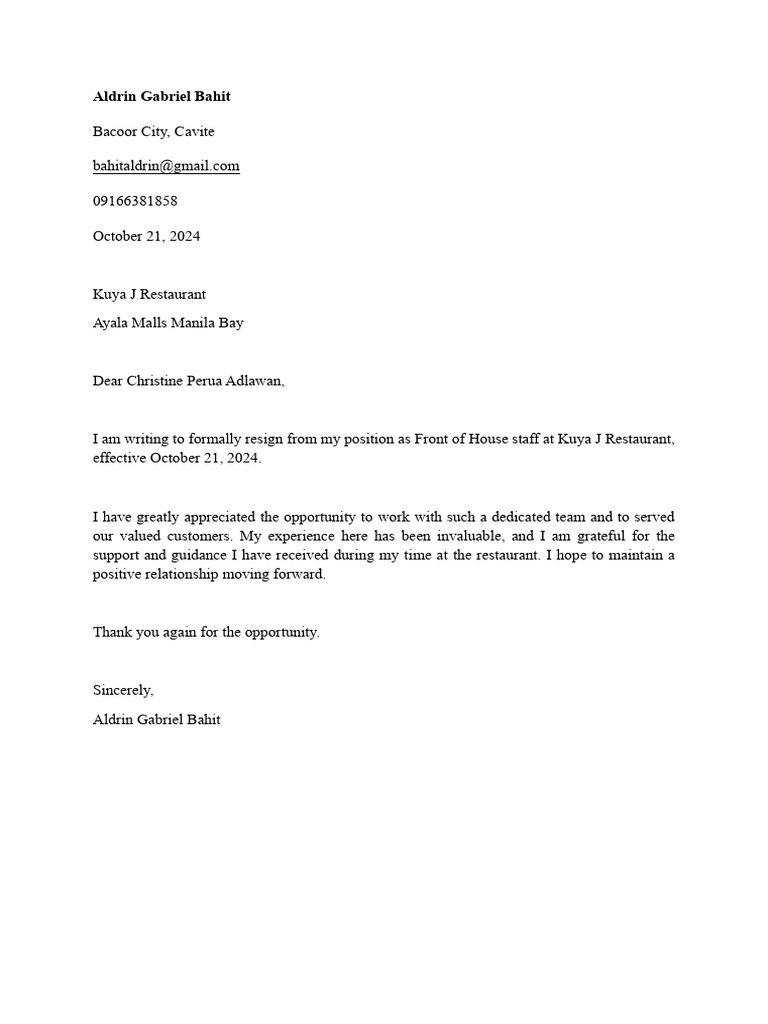 Resignation Letter from Kuya J Restaurant | PDF