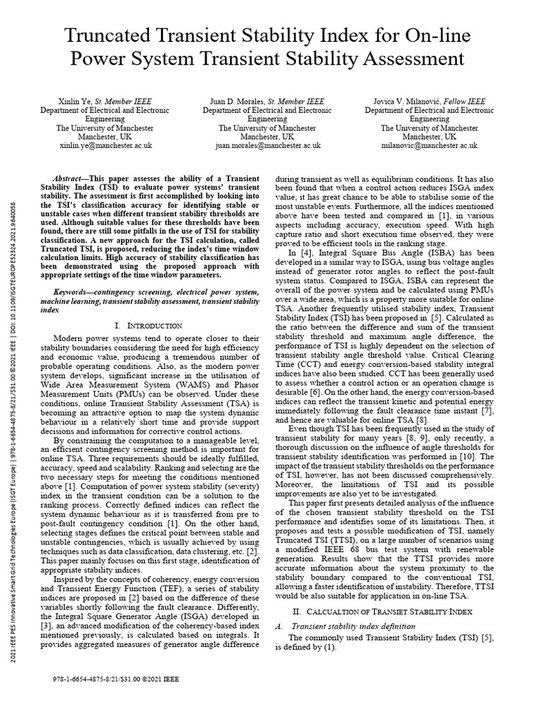 Truncated Transient Stability Index For On-Line Power System Transient Stability Assessment ...