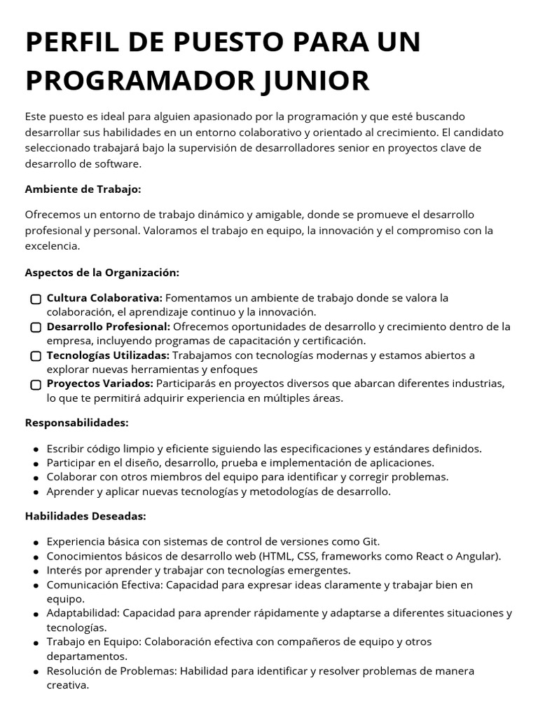 Perfil de Puesto para Un Programador Junior | PDF | Aprendizaje | Programación de computadoras