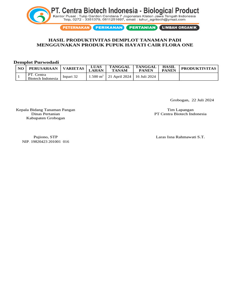 Hasil Demplot Padi dengan Pupuk Hayati | PDF