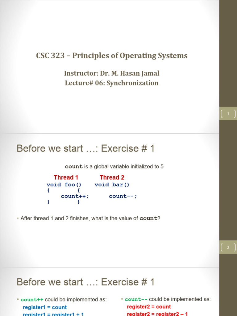 Lecture 6 Synchronization Pdf Thread Computing Computer Engineering