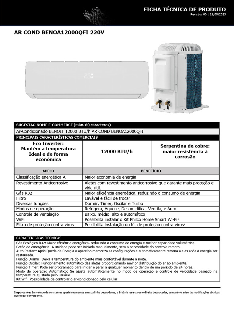 Ficha Técnica Ar Condicionado Benoa 12000 BTU | PDF | Ar condicionado ...