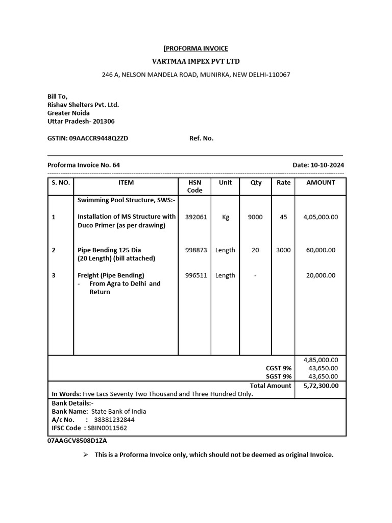 Proforma Invoice for Swimming Pool Structure | PDF