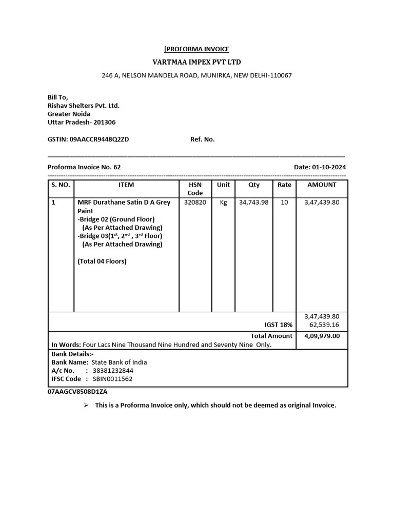 Proforma Invoice for MRF Paint | PDF