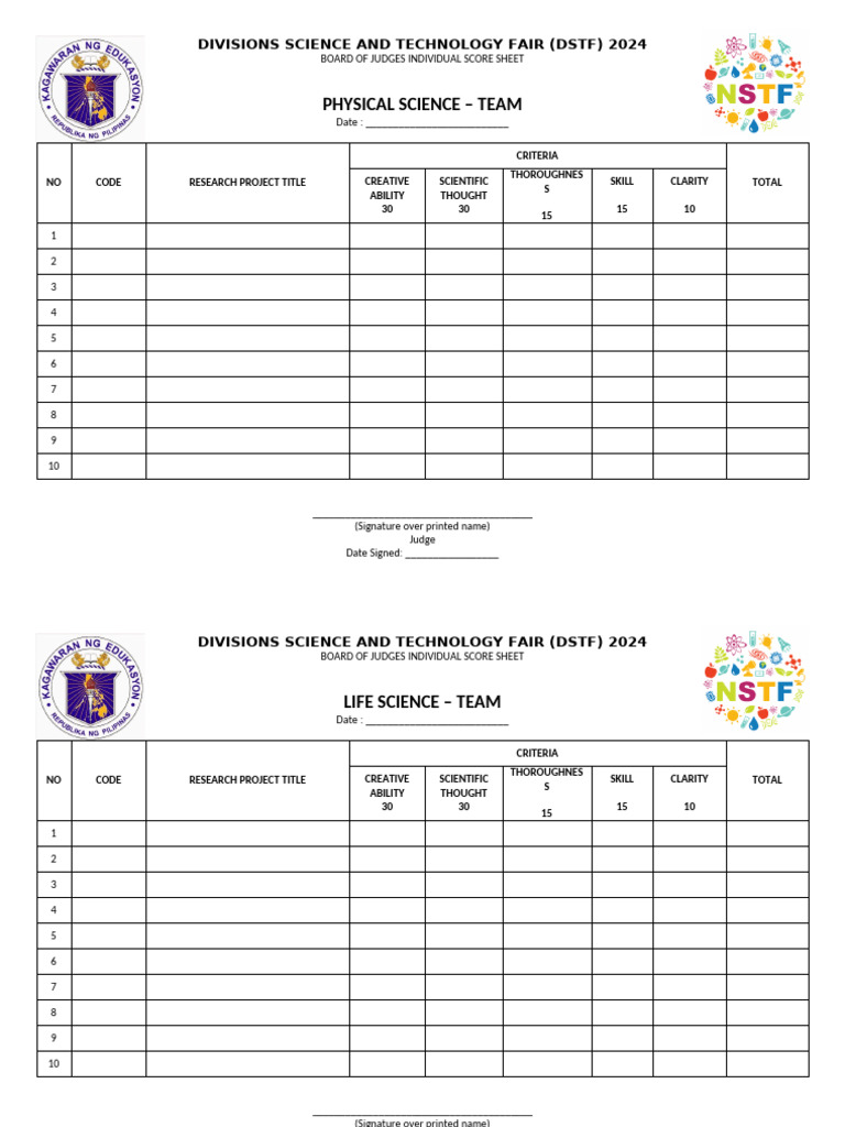 DSTF Judges Individual Score Sheet Team & Individual | PDF | Science | Cognition
