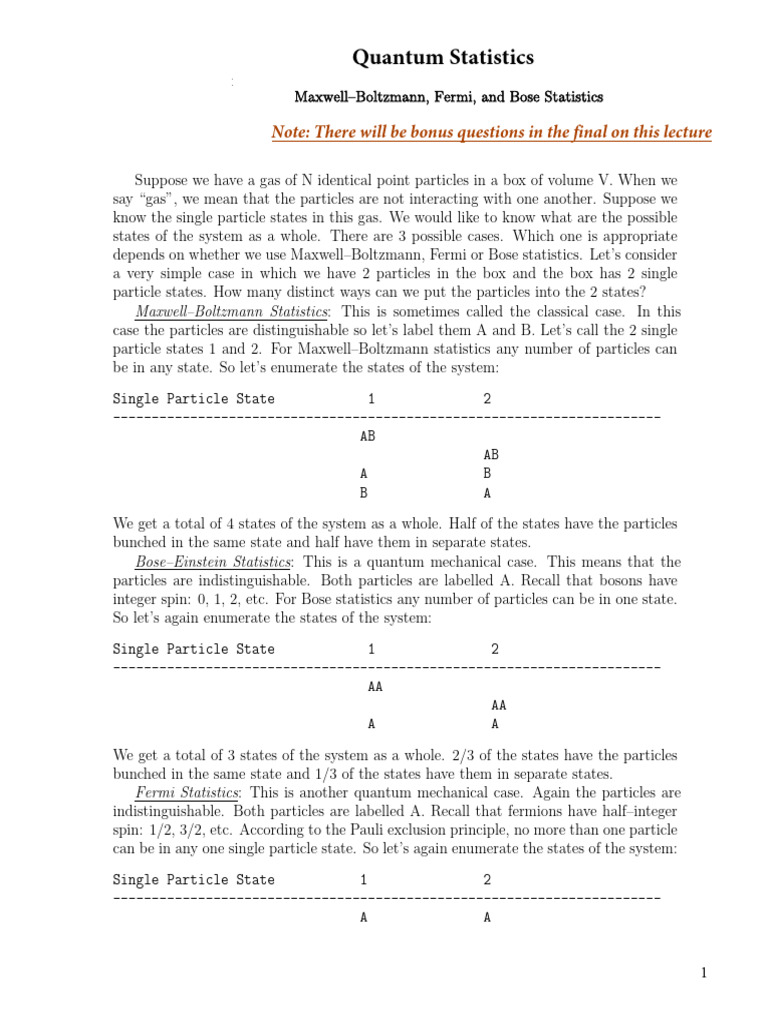 Lecture10 - Maxwell-Boltzmann, Fermi, and Bose Statistics | PDF | Boson | Elementary Particle