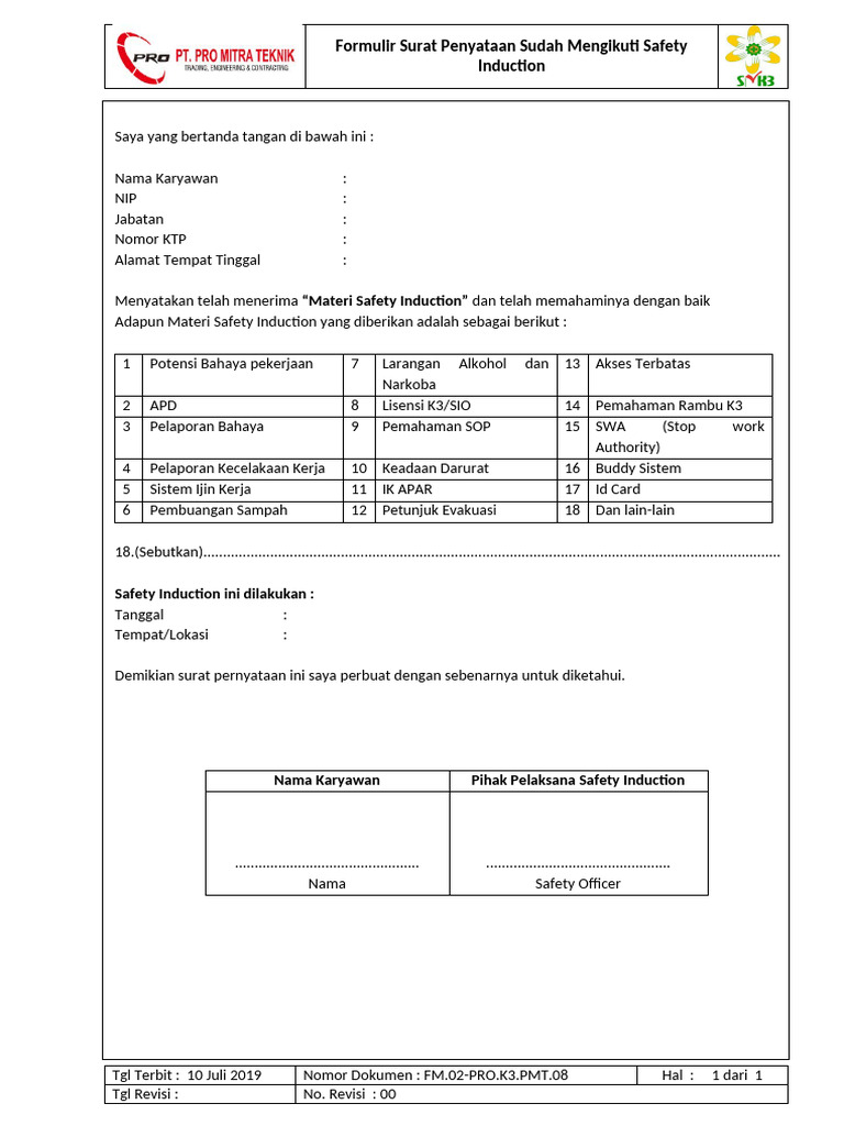 2 - Formulir Sudah Mengikuti Safety Induction | PDF