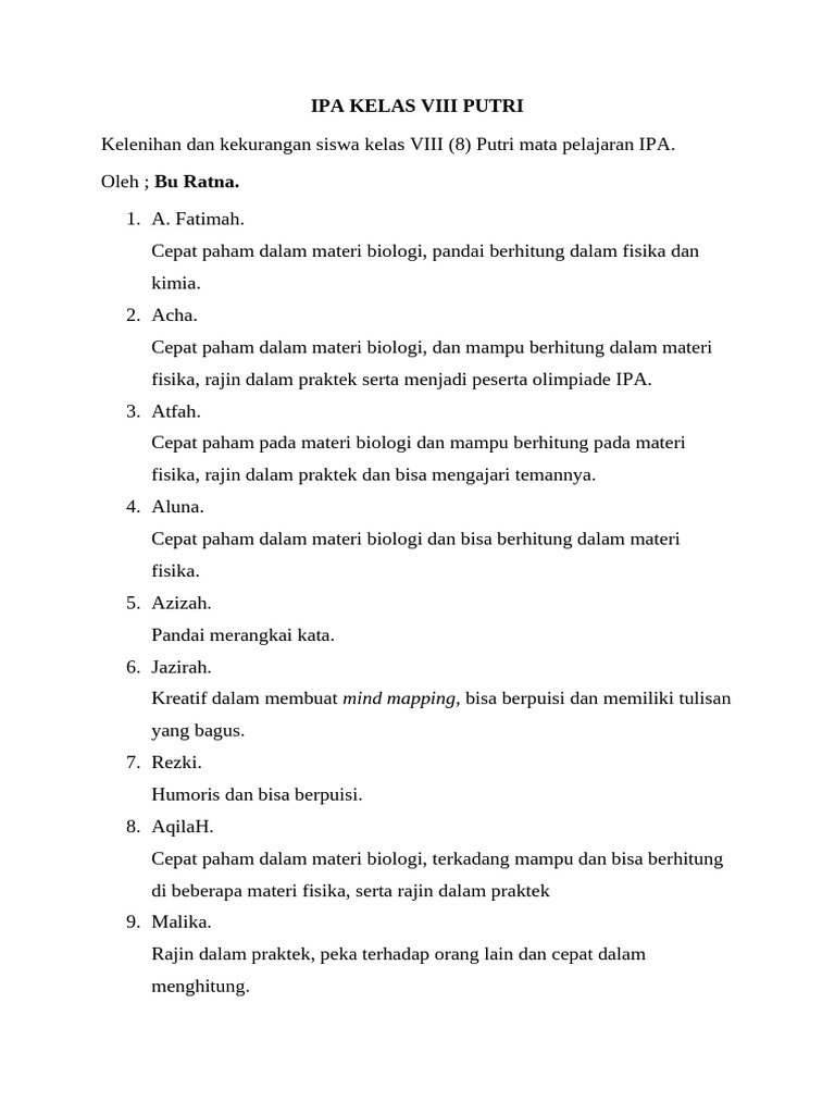 Ipa Kelas Viii Putri Bu Ratna | PDF