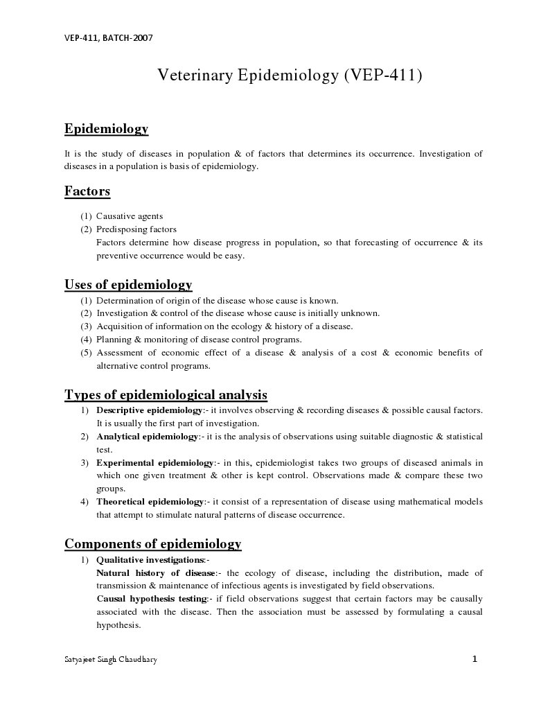 Veterinary Epidemiology (VEP-411) | PDF | Epidemiology | Infection