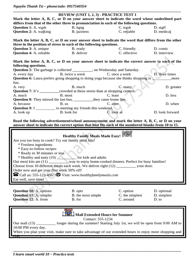 Review - Unit 1-2-3 - Practice Test 1 - Khong Dap An | PDF | Black ...