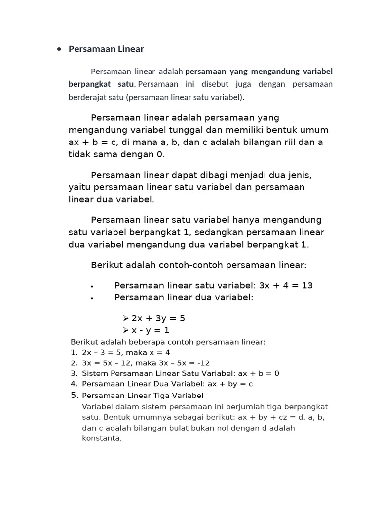 Persamaan Linear, Ringkasan Mudah | PDF