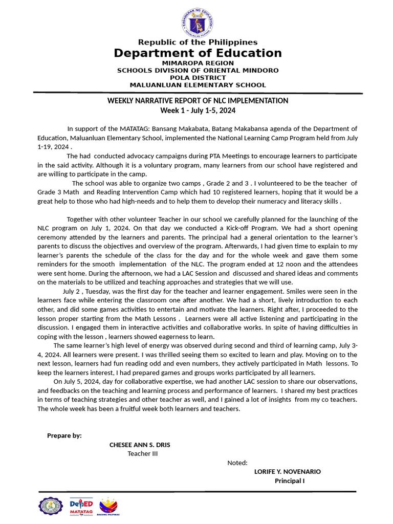NLC School Narrative Report | PDF | Teachers | Learning
