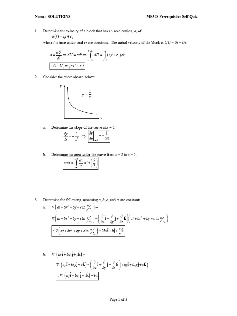ME30800 Prerequisites SelfQuiz Solutions | PDF | Motion (Physics ...