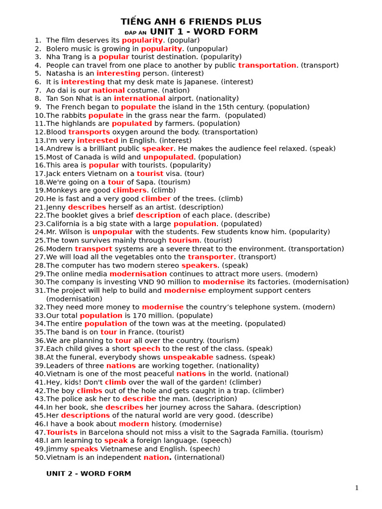 Tiếng Anh 6 Friends Plus - Word Form Unit 1-4 | PDF | Pollution