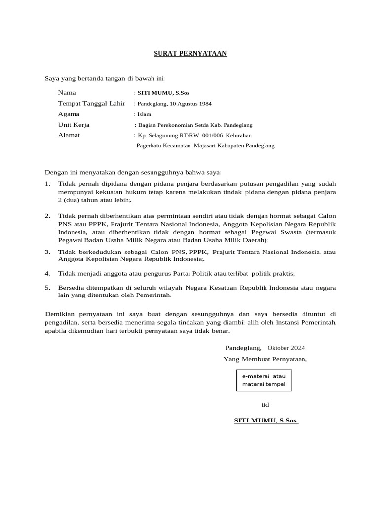 Contoh Surat Pernyataan 5 Poin PPPK 2024 | PDF