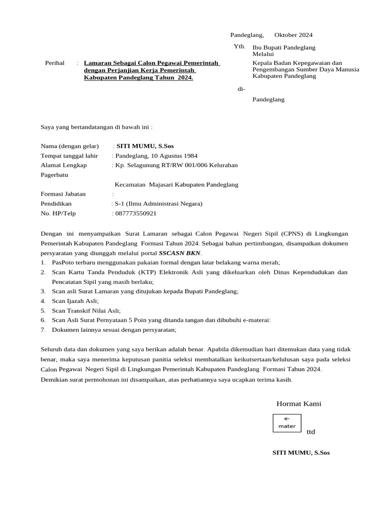 Contoh Surat Lamaran PPPK 2024. | PDF