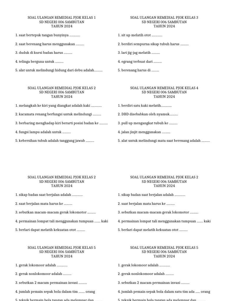 SOAL ULANGAN REMEDIAL PJOK KELAS 1 | PDF