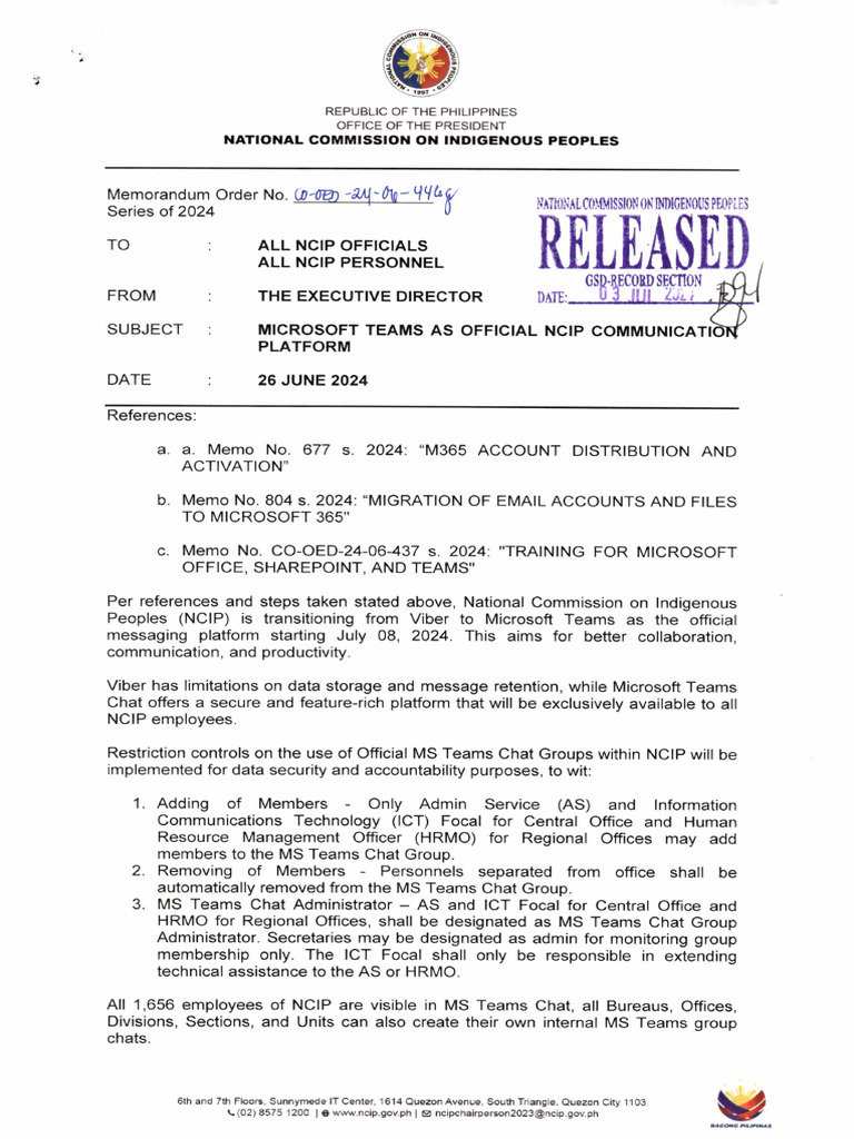 Memo No. CO-OED-24!06!446 S., 2024 Re Microsoft Team As Official NCIP ...