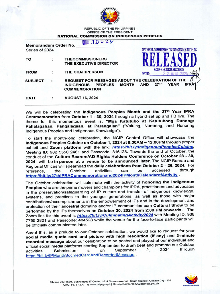 Memorandum Order No. 1062 Re Request For Messages About The Celebration ...