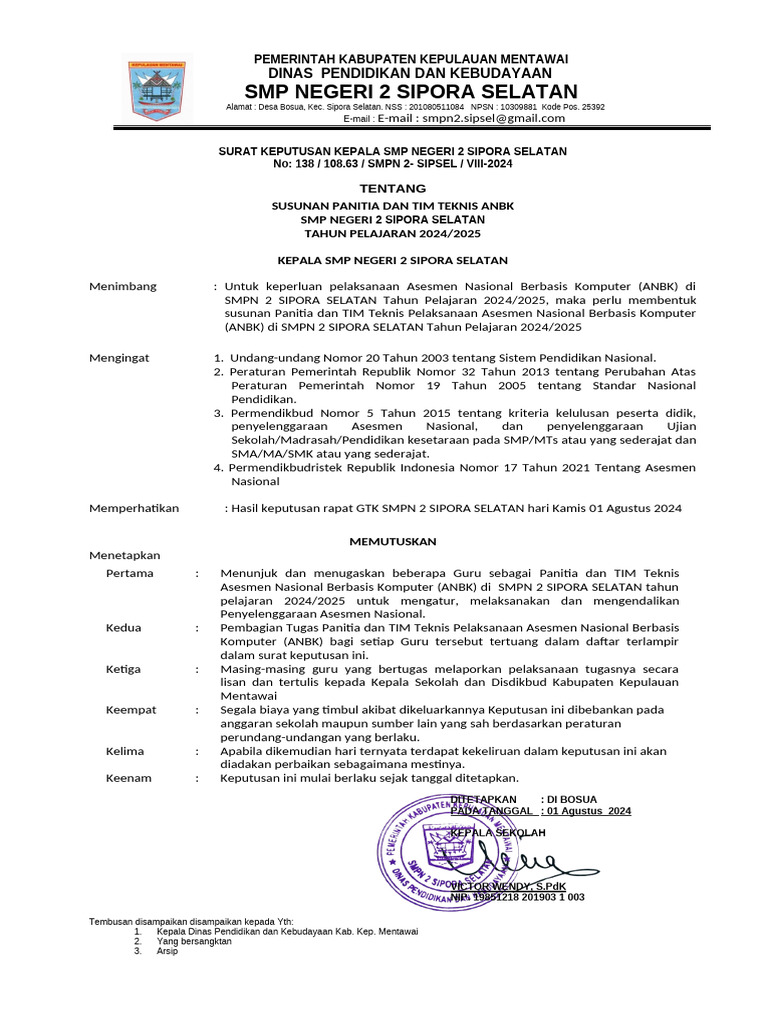 Susunan Panitia ANBK SMPN 2 Sipora Selatan | PDF