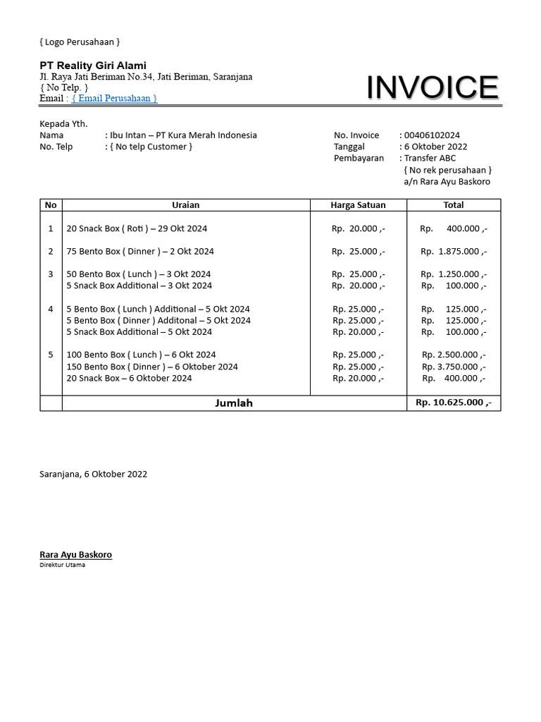 Contoh Invoice Daily Catering | PDF | Memasak, Makanan, & Anggur