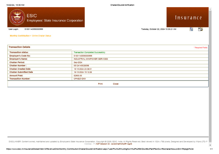Ims Sep-24 Esi Challan | PDF