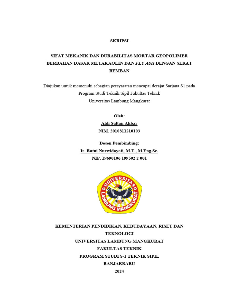 Sifat Mekanik Dan Durabilitas Mortar Geopolimer Berbahan Dasar Metakaolin Dan Fly Ash Dengan ...
