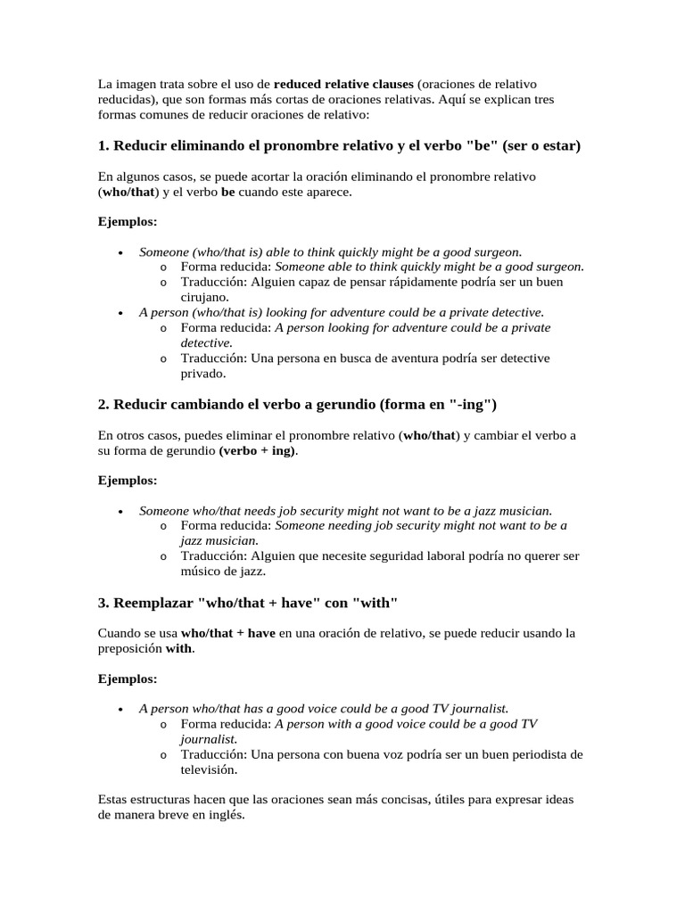 Uso de Reduced Relative Clauses | PDF | Mecánica del lenguaje ...