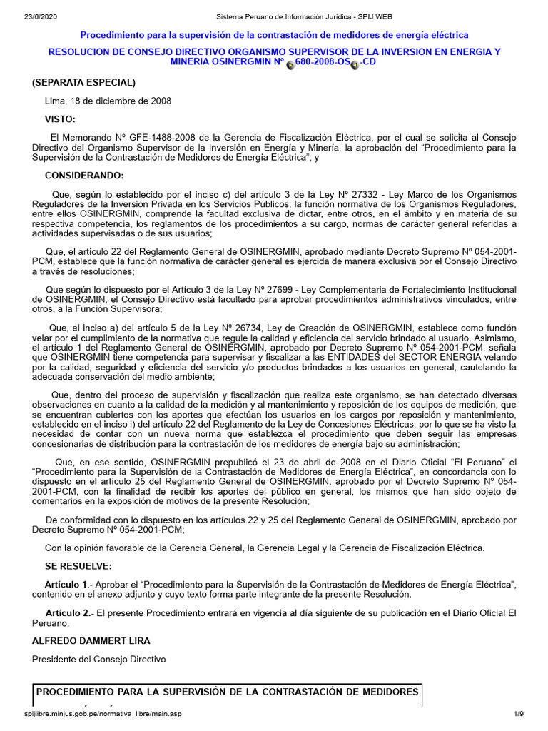Osinergmin 680 2008 OS CD | PDF | Regulación | Metrología