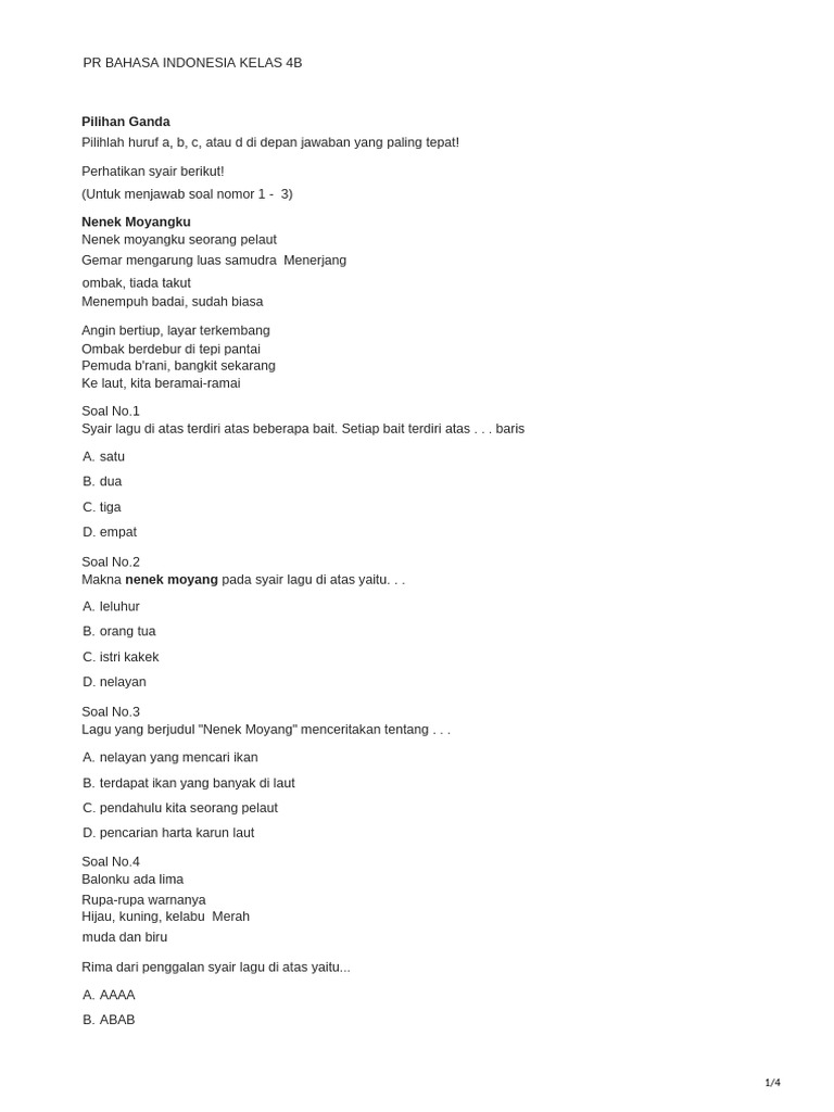 Soal Bahasa Indonesia Kelas 4B | PDF
