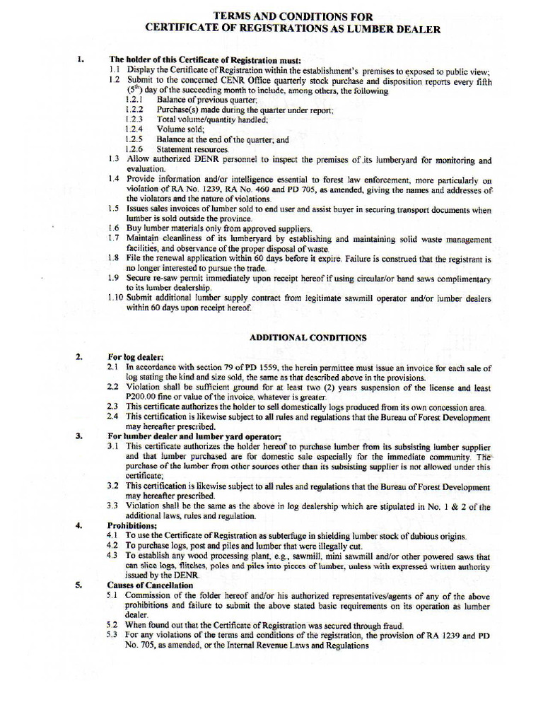 Terms and Conditions for Certificate of Registration as Lumber Dealer | PDF