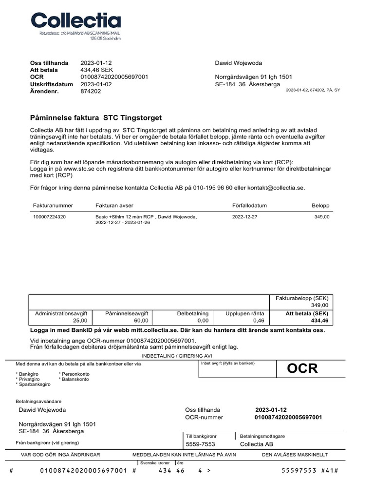 Påminnelse Faktura STC Tingstorget: Fakturanummer Fakturan Avser Förfallodatum Belopp | PDF