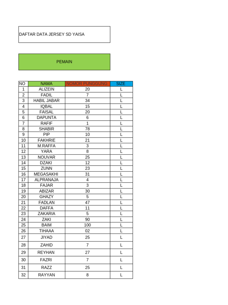 Data Jersey Pemain SD Yaisa 2024 | PDF
