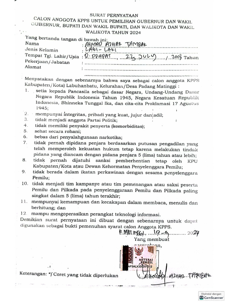 Surat Pernyataan Ahmad Azhar | PDF