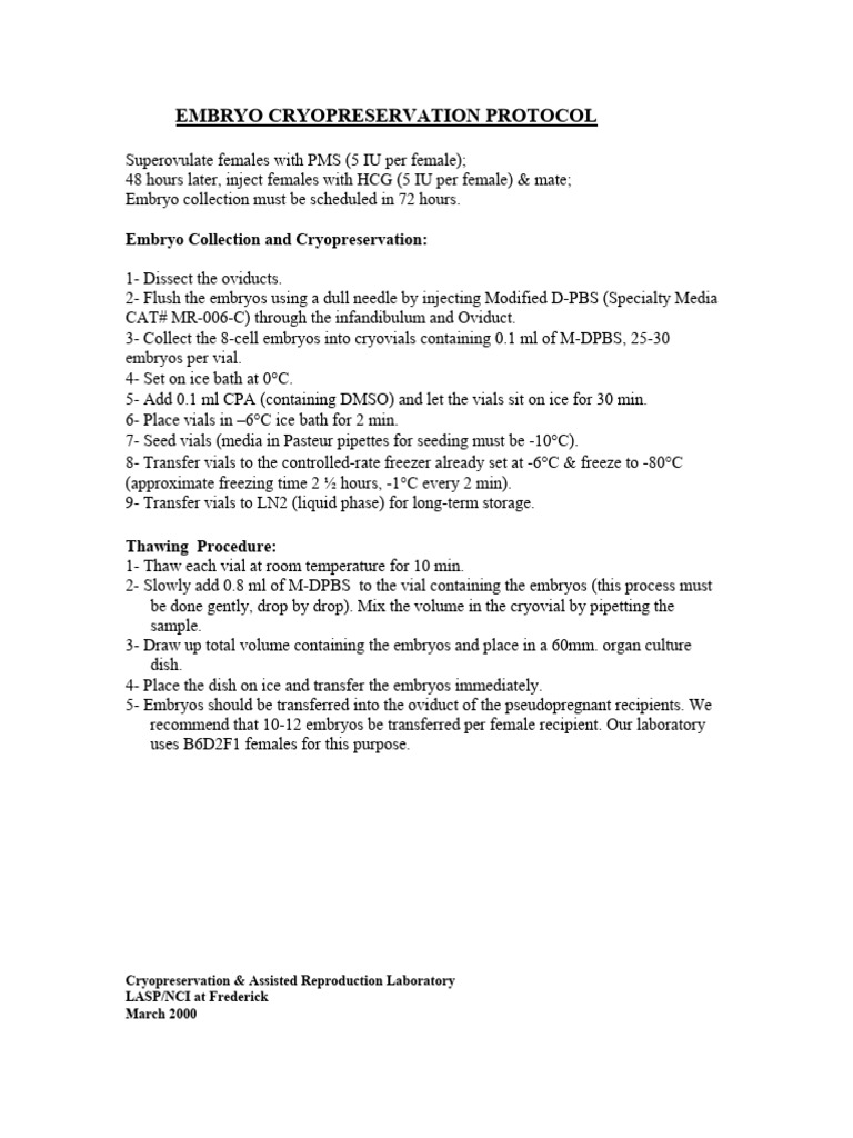 Embryo Cryopreservation and Thawing Protocol | PDF